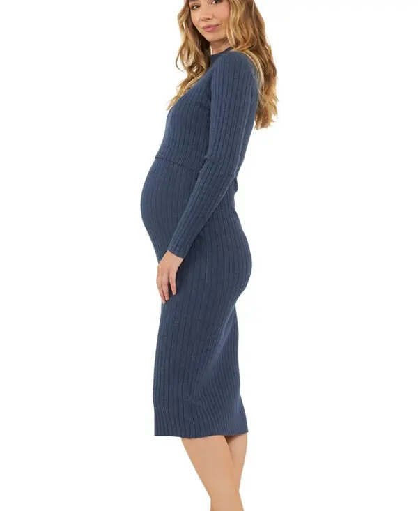 RIPE MATERNITY Nella Rib Nursing Knit Midi Dress - Denim Marle