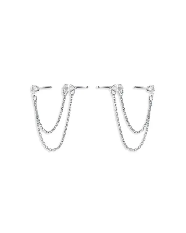 Ettika Chain & Crystal Double Piercing Earrings - Silver