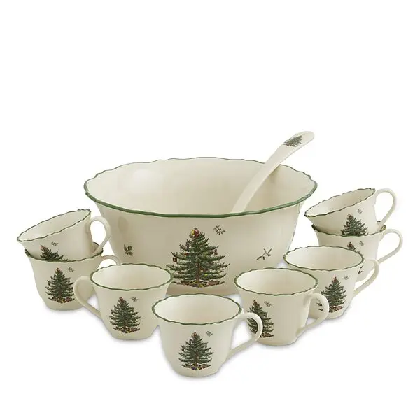 SPODE Christmas Tree 10-piece Punch Bowl Set - Green