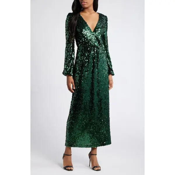 emerald green dress shoes Long Sleeve Sequin V Wrap Maxi Dress - Emerald Green main image 0