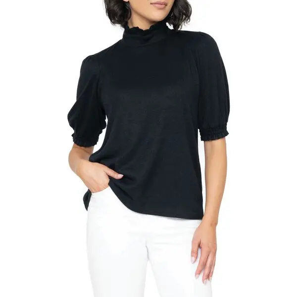 GIBSONLOOK Ruffle Mock Neck Puff Sleeve Sweater - Black