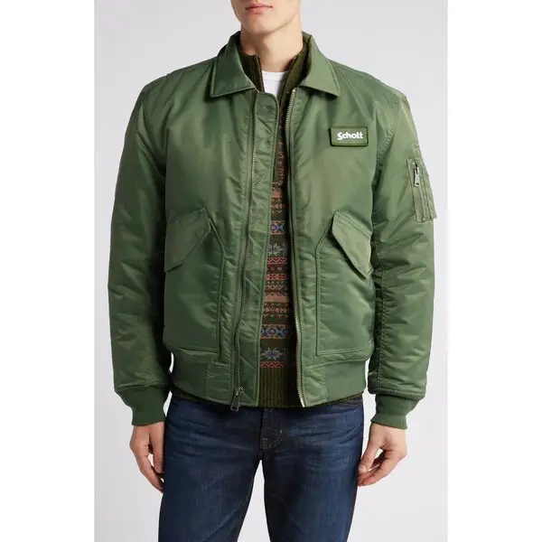 SCHOTT Water-resistant Satin Flight Jacket - Sage