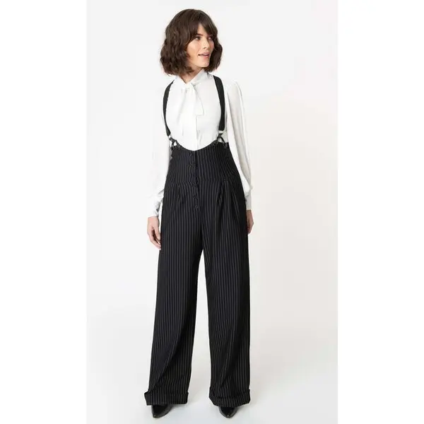 Unique Vintage Thelma High Waist Suspender Pants - Black & White Pin Stripe