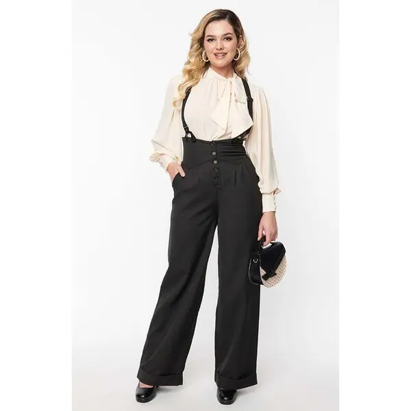 Unique Vintage Thelma High Waist Suspender Pants - Black