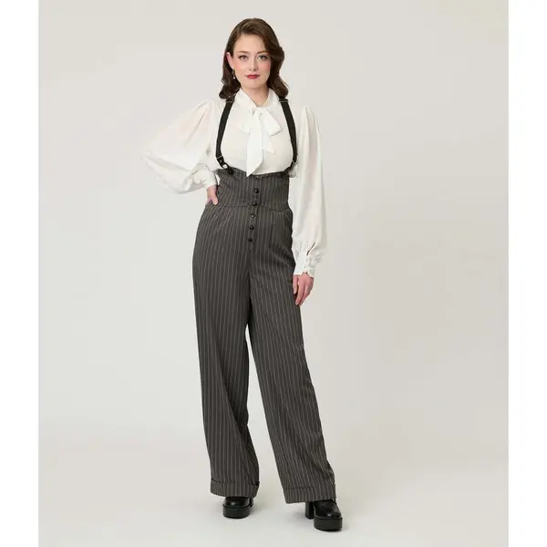 Unique Vintage Thelma High Waist Suspender Pants - Charcoal Pinstripe