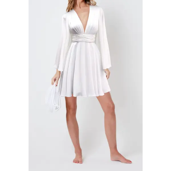 Creea The Label Bell Sleeve Plunge Neck Dress - Off White | Editorialist