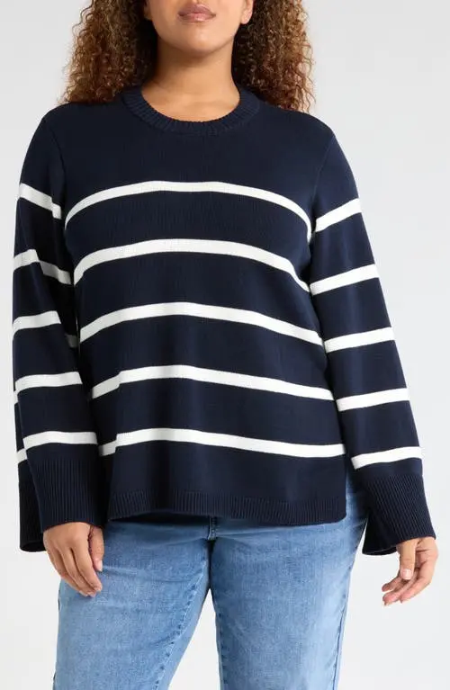 Universal Standard Bardot Stripe Cotton Sweater - Navy/ White Stripe
