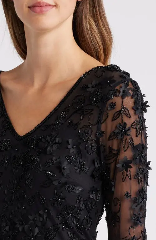 pisarro nights black beaded dress A-Line Evening Gown | Beaded Lace Bodice with 3/4 Sheer Sleeves | Mother of  the Bride Dress GL3572