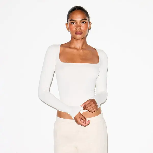 SKIMS Cotton Jersey Scoop Neck Long Sleeve Top - Marble