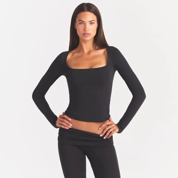 SKIMS Cotton Jersey Scoop Neck Long Sleeve Top - Soot