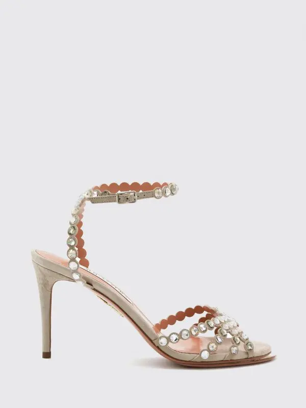 AQUAZZURA Tequila Sandals In Suede With Crystals And Stiletto Heels - Grey