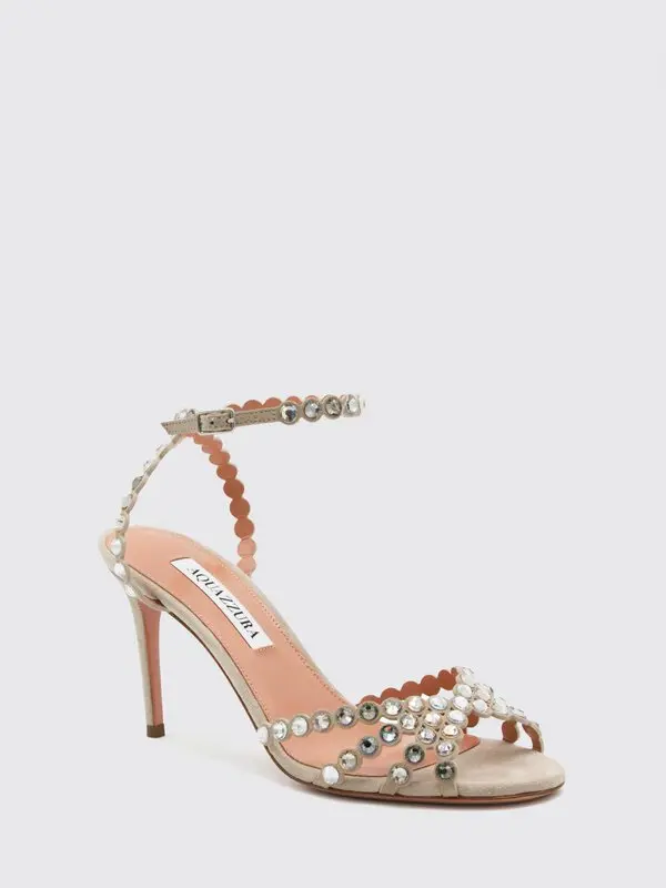 AQUAZZURA Tequila Sandals In Suede With Crystals And Stiletto Heels - Grey