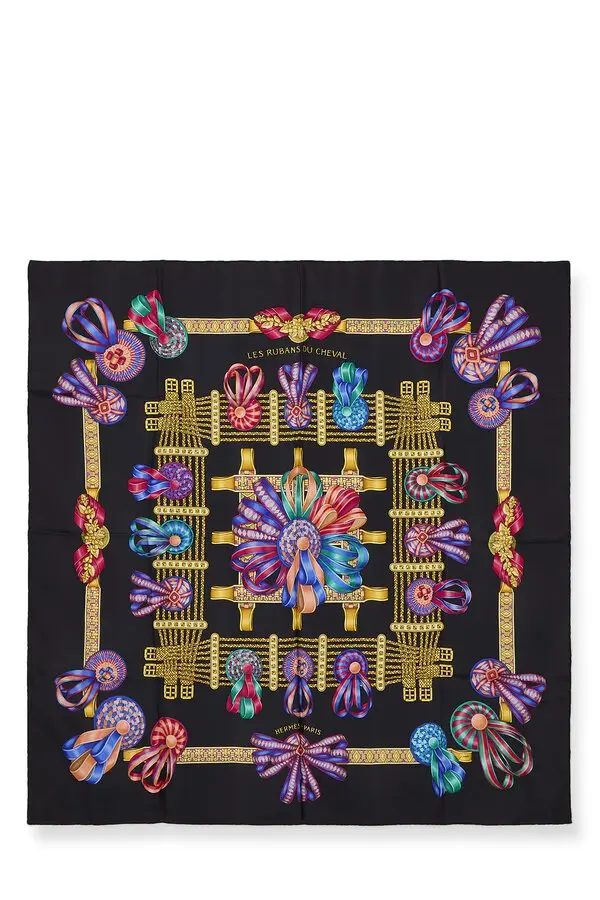 Hermès Multicolor 'les Rubans Du Cheval' Silk Scarf 90 - Black