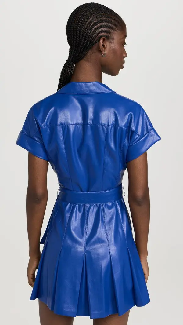 Alice + Olivia Shirley Vegan Leather Pleated Mini Shirt Dress In Royal - 80% Off