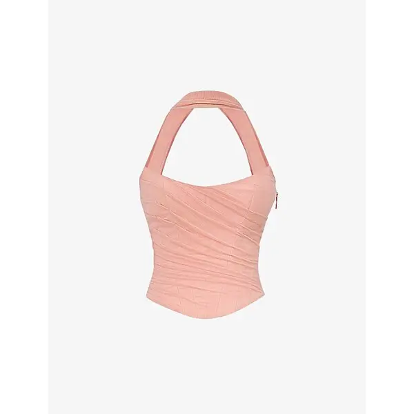 House Of Cb Hallie Strapless Stretch-woven Corset With Neck Scarf - Peach