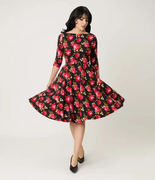 Unique Vintage Three Quarter Sleeve Belted Devon Swing Dress - Black & Red Roses