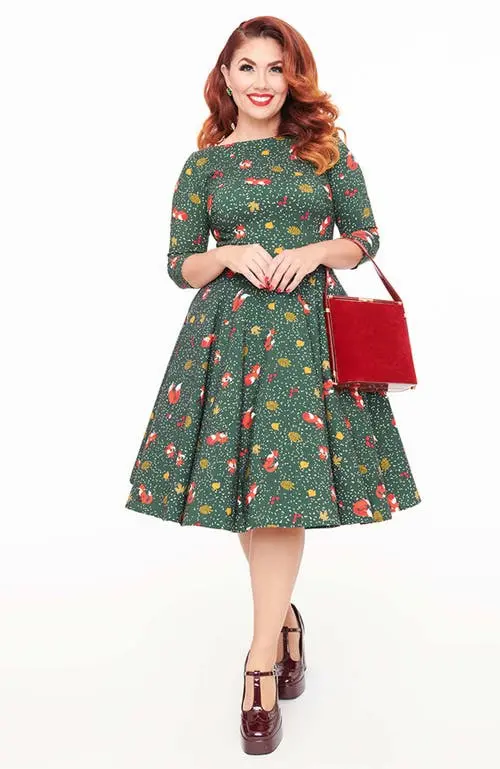 Unique Vintage Three Quarter Sleeve Belted Devon Swing Dress - Green