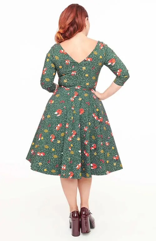 Unique Vintage Three Quarter Sleeve Belted Devon Swing Dress - Green