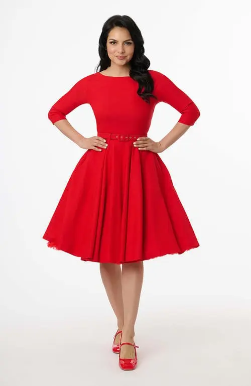 Unique Vintage Three Quarter Sleeve Belted Devon Swing Dress - Red