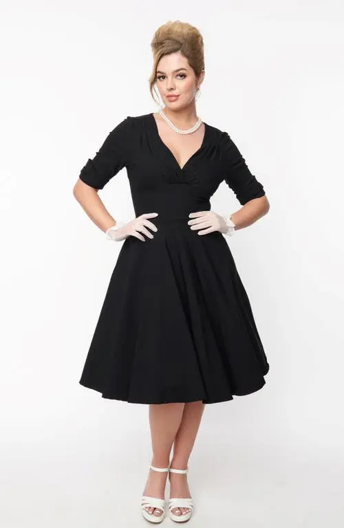 Unique Vintage Half Sleeve Surplice Delores Swing Dress - Black