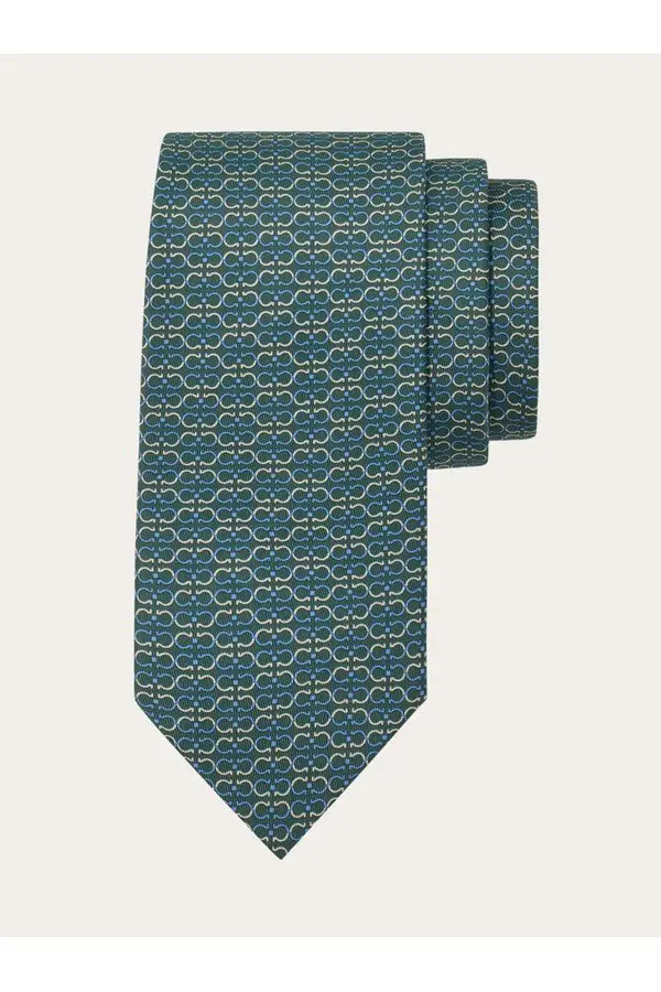 FERRAGAMO Gancini Print Silk Neck Tie - Green
