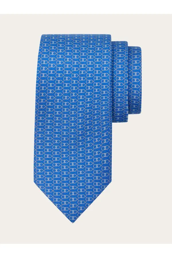 FERRAGAMO Gancini Print Silk Tie - Blue