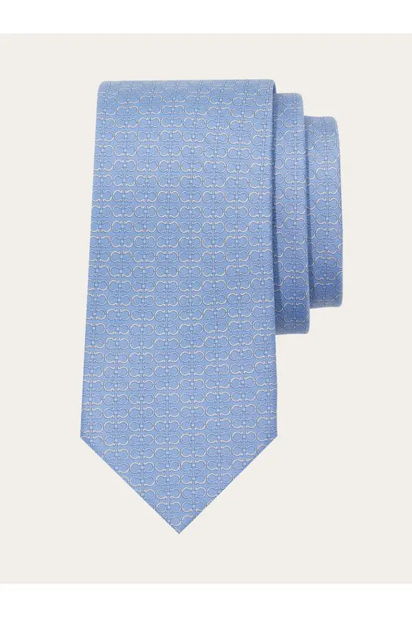 FERRAGAMO Gancini Print Silk Neck Tie - Blue