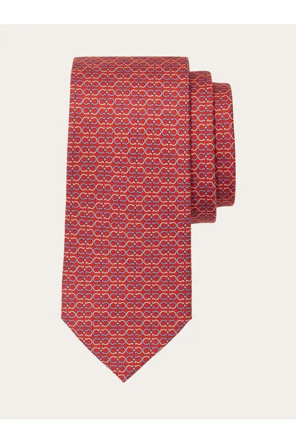 FERRAGAMO Gancini Print Silk Neck Tie - Red