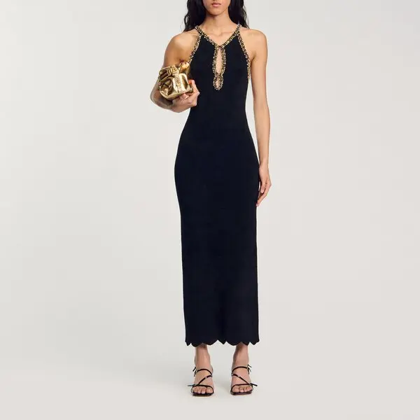Sandro Beaded Velvet Knit Maxi Dress - Black