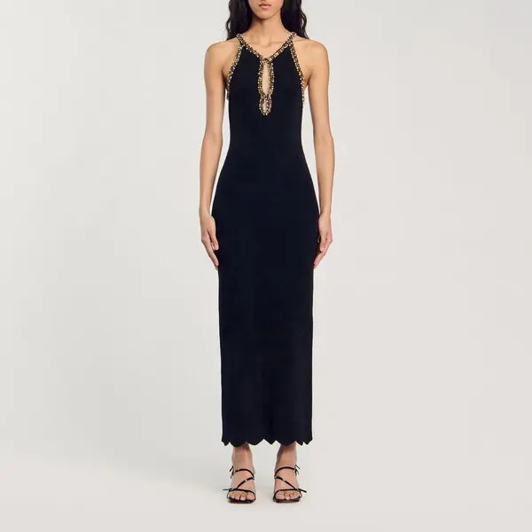 Sandro Beaded Velvet Knit Maxi Dress