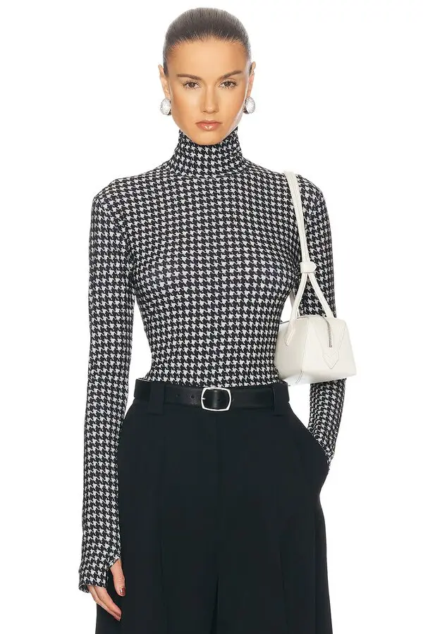 Norma Kamali Slim Fit Longsleeve Turtleneck Top - Large Houndstooth