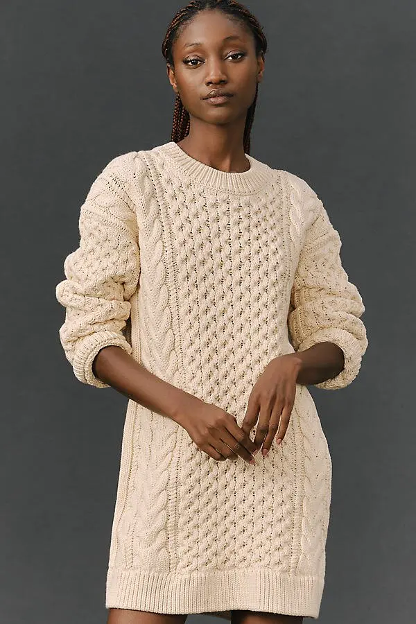 English Factory Long-Sleeve Cable Knit Mini Dress In Cream - 33% Off |  Editorialist
