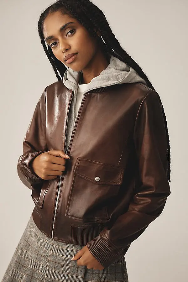 LAMARQUE Candace Leather Bomber Jacket - Brown