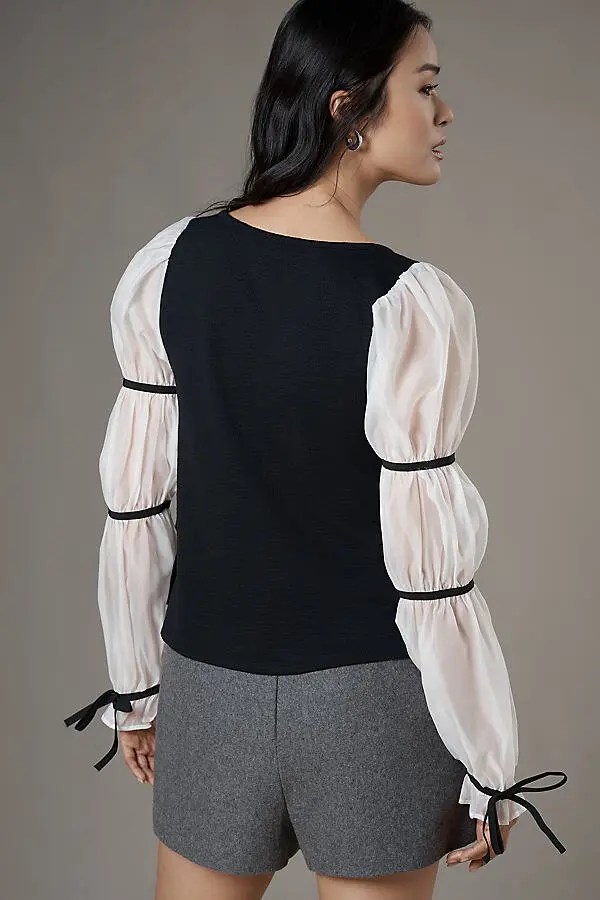 Maeve Balloon-sleeve Top - Black & Ivory
