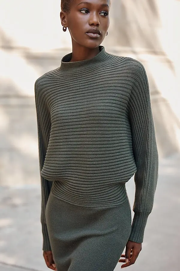 Anthropologie Long-sleeve Slim Sweater Midi Dress - Olive