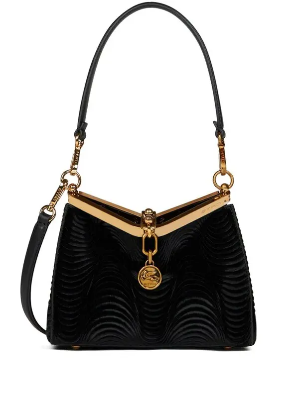 Etro Small Velvet Vela Bag With Clasp And Pegaso Motif - Black