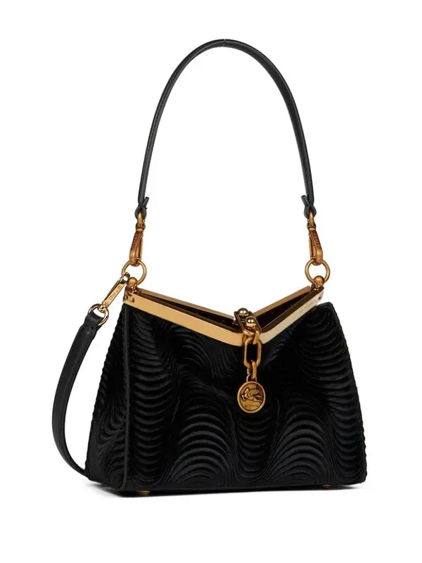 Etro Small Velvet Vela Bag With Clasp And Pegaso Motif - Black