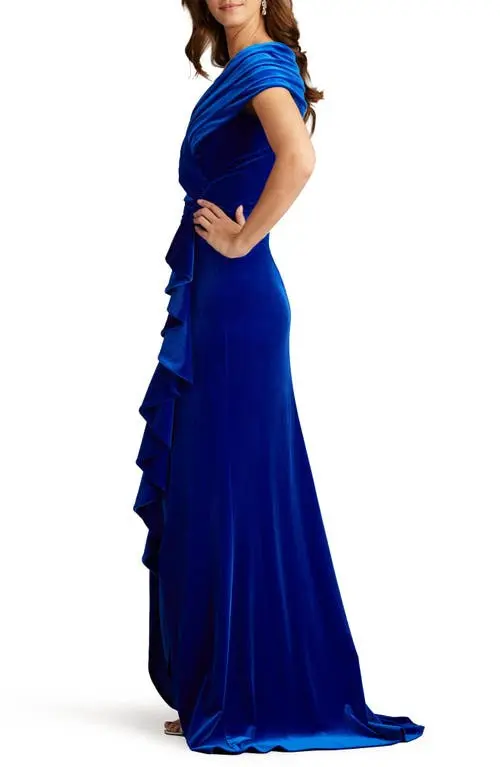 Tadashi Shoji Portrait Collar Velvet Gown - Blue Bell | Editorialist