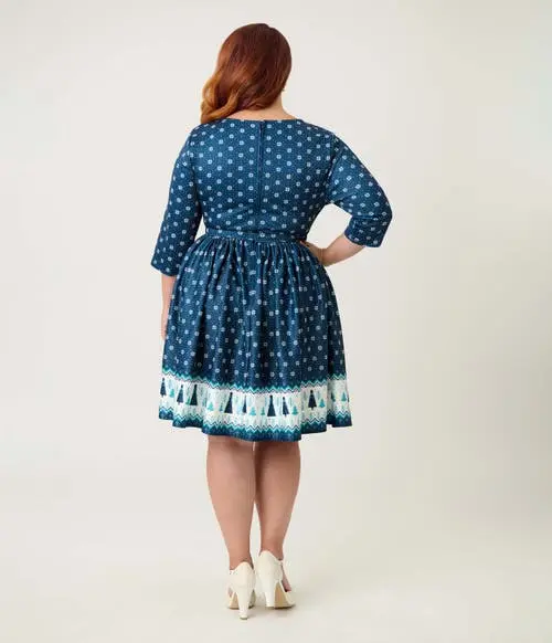 Unique Vintage Boat Neck Fit & Flare Dress With Belt - Blue Fair Isle Print  | Editorialist