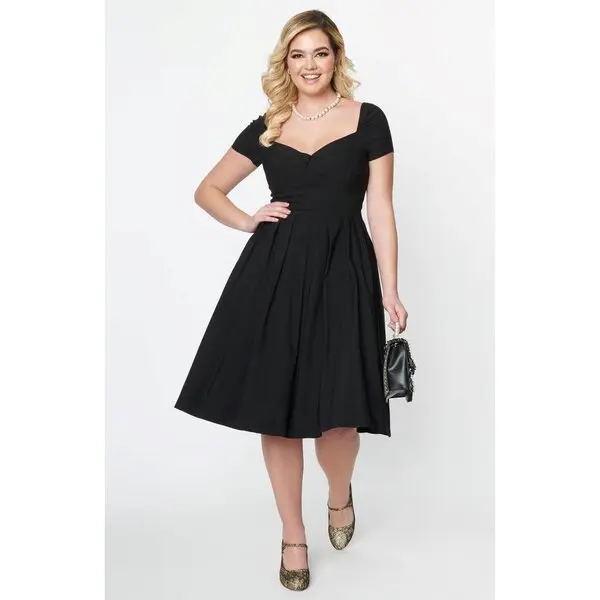 Unique Vintage Sweetheart Midge Swing Dress - Black