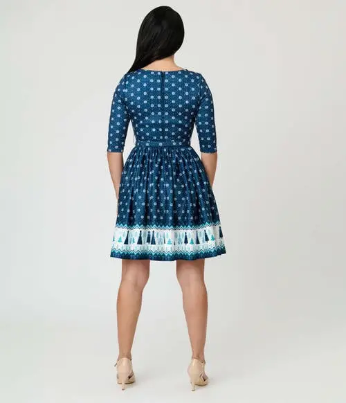 Unique Vintage Boat Neck Stephanie Fit & Flare Dress - Blue | Editorialist