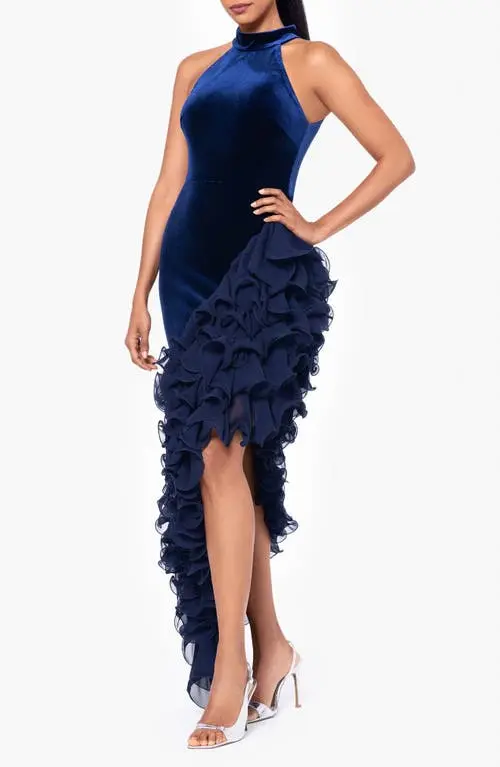 Betsy & Adam Velvet & Chiffon Ruffle High-Low Gown In Navy - 60% Off |  Editorialist