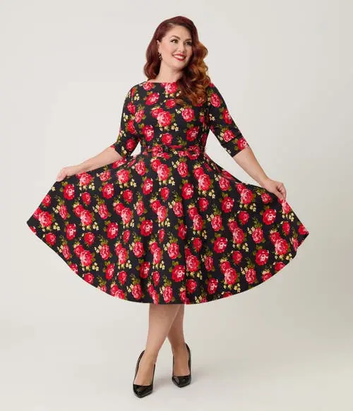 Unique Vintage Devon Swing Dress - Black & Red Roses