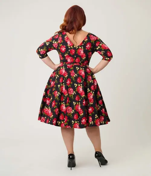 Unique Vintage Devon Swing Dress - Black & Red Roses