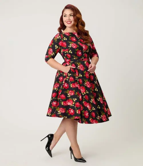 Unique Vintage Devon Swing Dress - Black & Red Roses