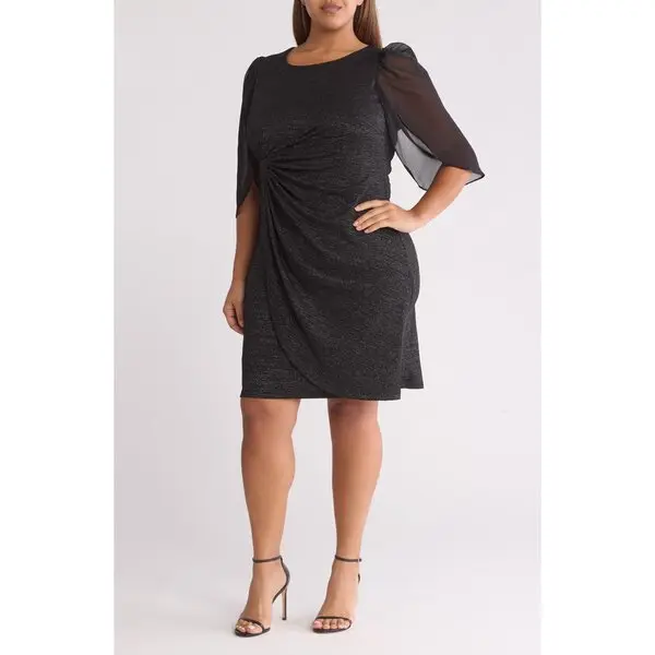 CONNECTED APPAREL Chiffon Cape Sleeve Knit Dress - Black