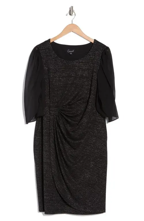 CONNECTED APPAREL Chiffon Cape Sleeve Knit Dress - Black