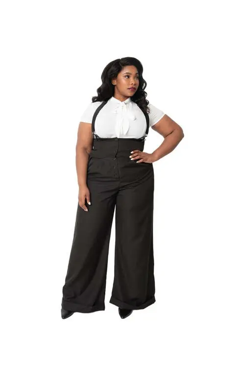 Unique Vintage Thelma High Waist Suspender Pants - Black