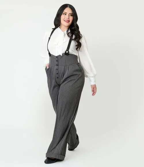 Unique Vintage Thelma High-waist Suspender Pants - Charcoal Pinstripe