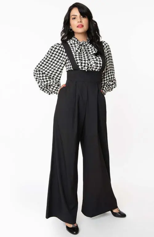 Unique Vintage Wide Leg Rochelle Suspender Pants - Black